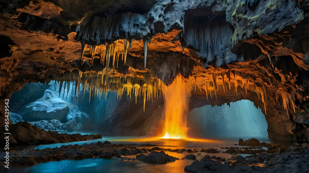 View of the waterfall from the cave, Spectacular stalactites and ...