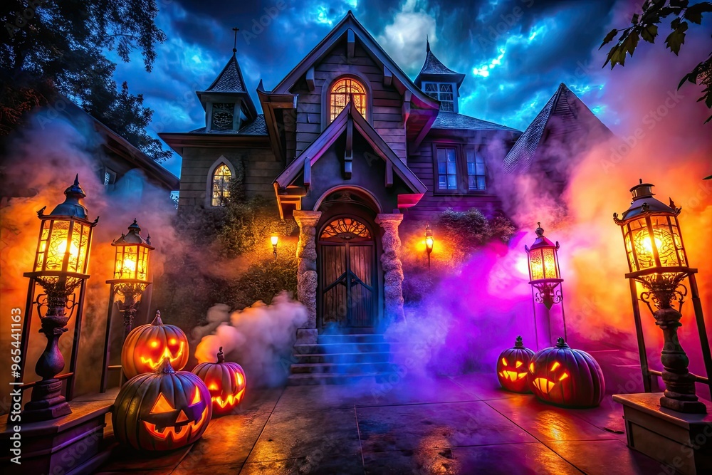 Spooky fog surrounds eerie illuminated entrance to haunted house ...