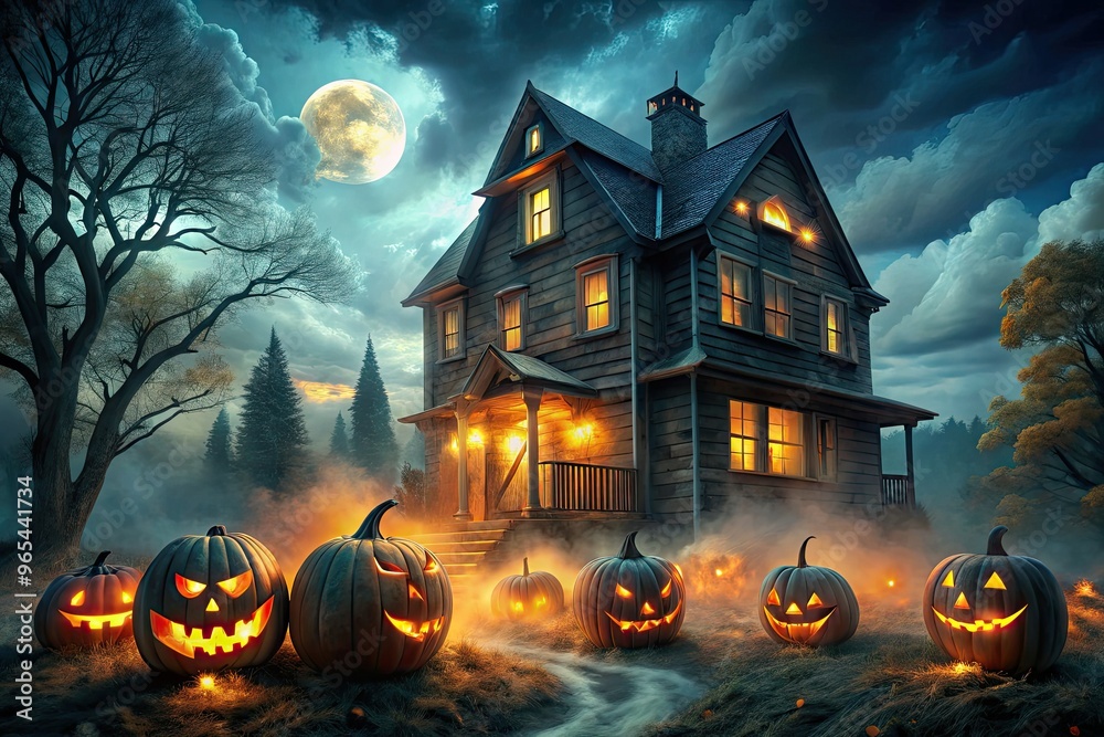 Spooky haunted house lit by jack-o'-lanterns, eerie fog, and creepy ...