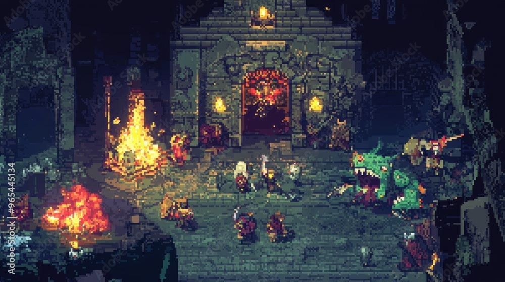 8-bit style fantasy dungeon with pixel art monsters and adventurers ...