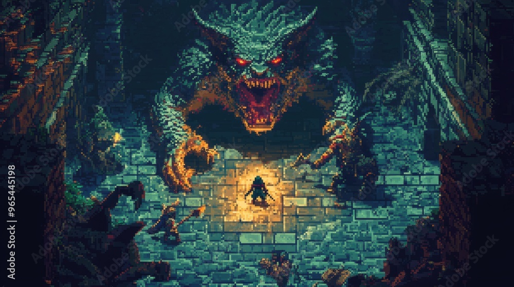 8-bit style fantasy dungeon with pixel art monsters and adventurers ...