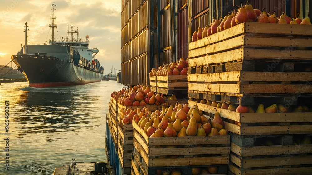 Crates of pears stacked next to a cargo ship, poised for export ...