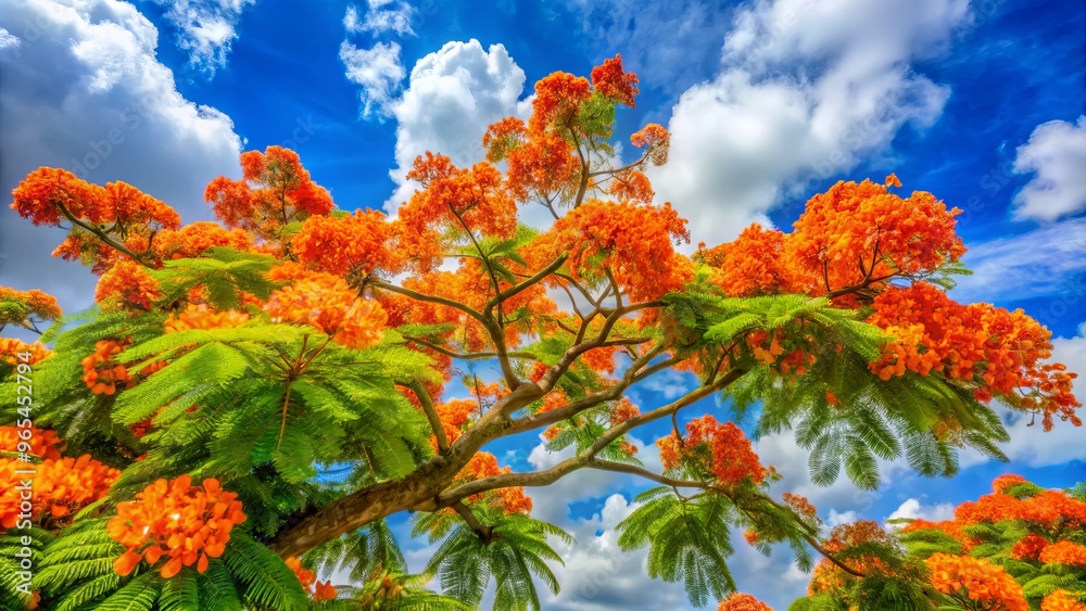 Vibrant orange flowers cascade down the slender branches of a ...