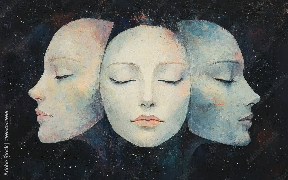 Expressive abstract painting of three human faces in different colors ...