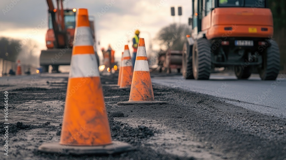 Safety cones and barriers mark the perimeter of a road repair site ...