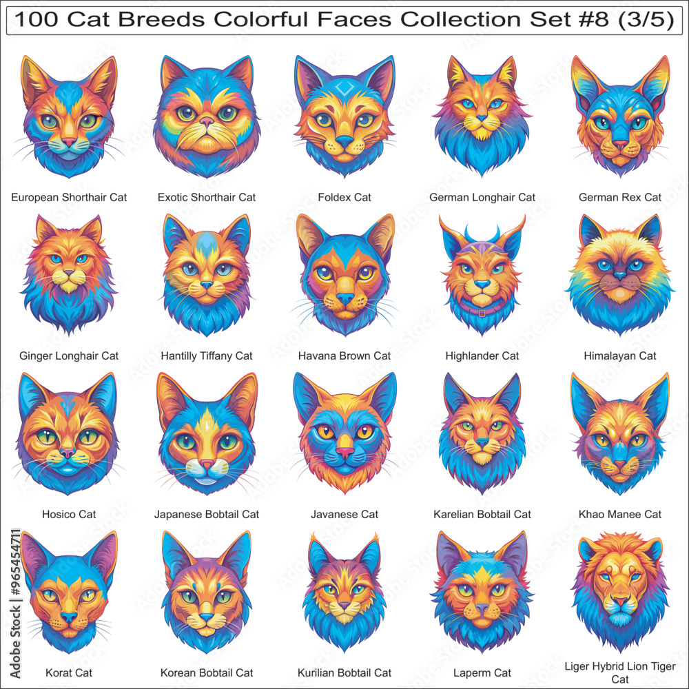 Cat Breeds Colorful Faces Collection Set of 100 Cat Faces Isolated Part ...
