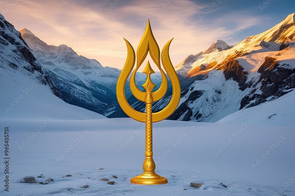 Golden Trident of Lord Shiva Amidst Stunning Snowy Mountain Landscape ilustración de Stock ...