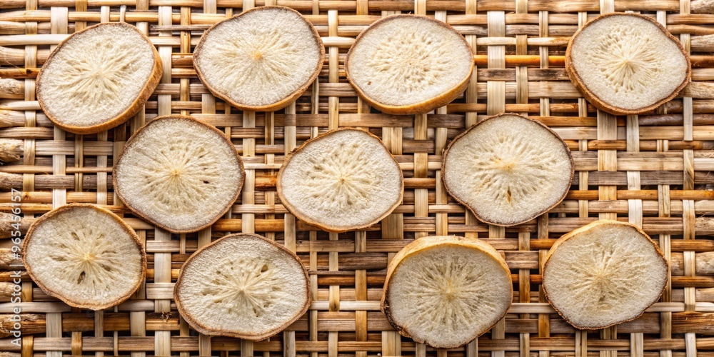 Dried Chinese yam root slices arranged in a decorative pattern on a ...