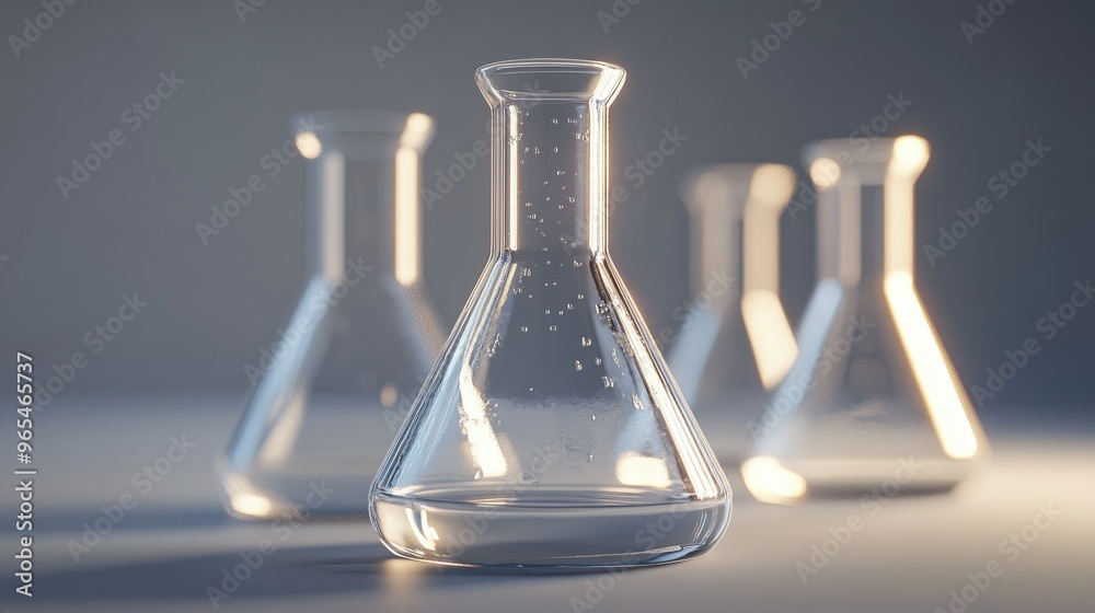 Glass chemical flasks on a grey background, illuminated by soft light ...