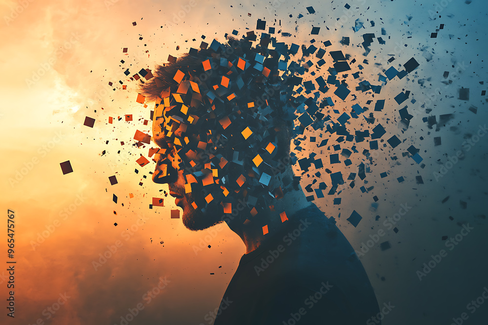 An abstract digital concept featuring half of a depressed man ...