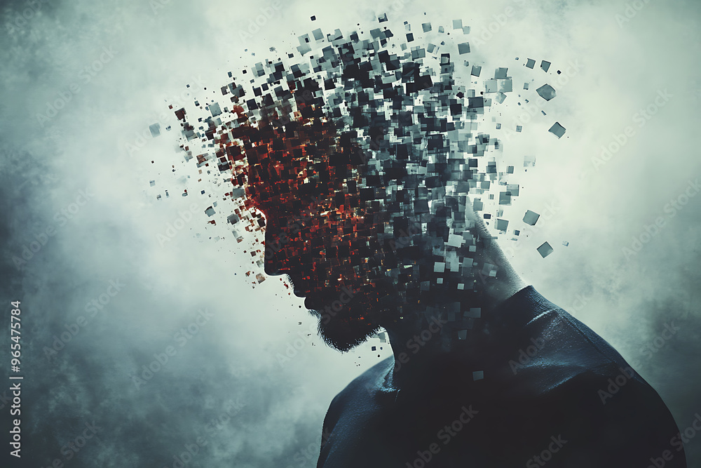 An abstract digital concept featuring half of a depressed man ...