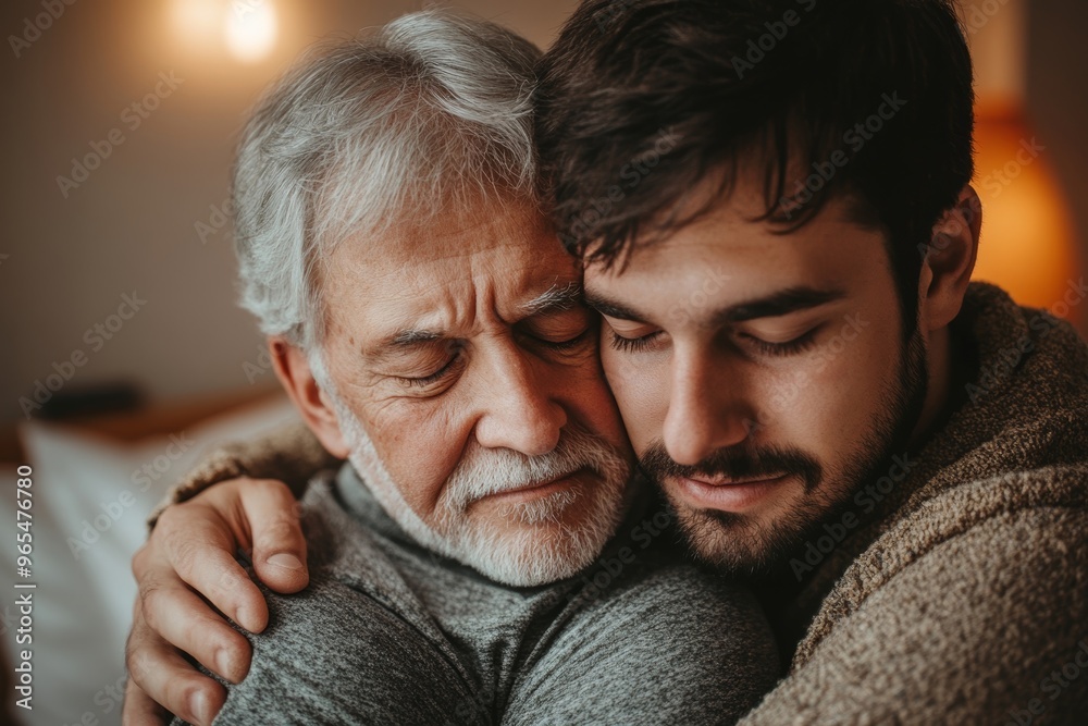 Caucasian senior father comforting and hugging depressed adult son in ...