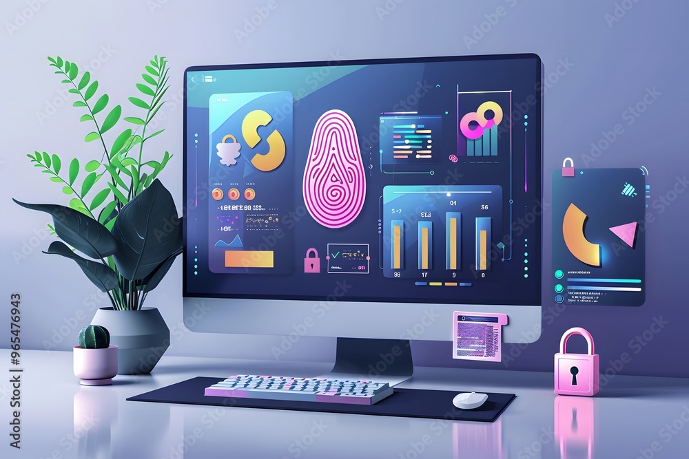 computer screen displaying a fingerprint icon and a shield symbolizing ...