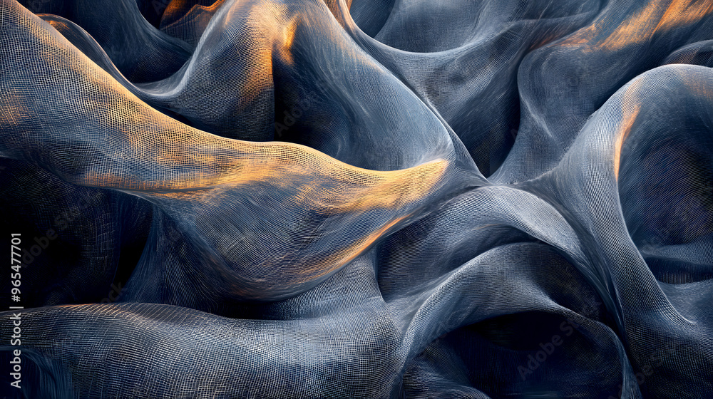 Layers of fabric interwoven with abstract shapes and fluid lines ...