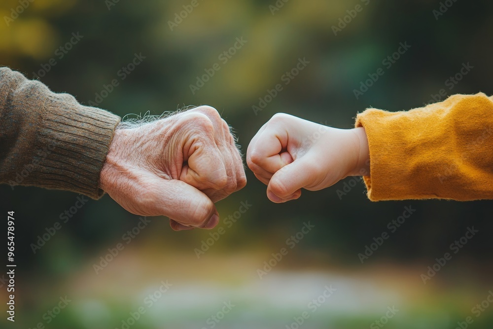 Two hands: man and child. Father and son touching fists. Old man and ...