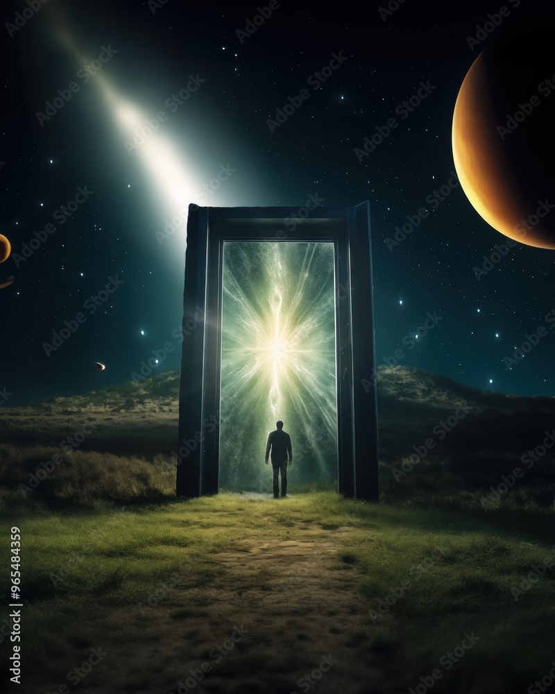 Man standing before glowing portal in surreal landscape with planets ...