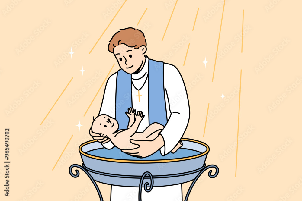 Ritual of baptism for baby is carried out by priest, dipping newborn ...