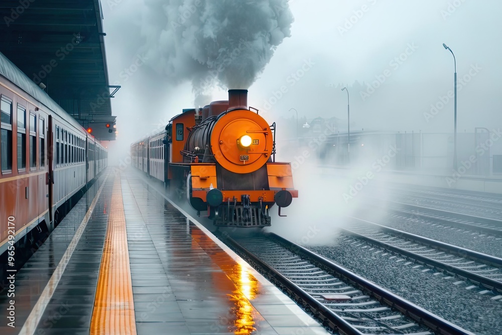 Steam train departing a historic station, billowing clouds, medium shot ...