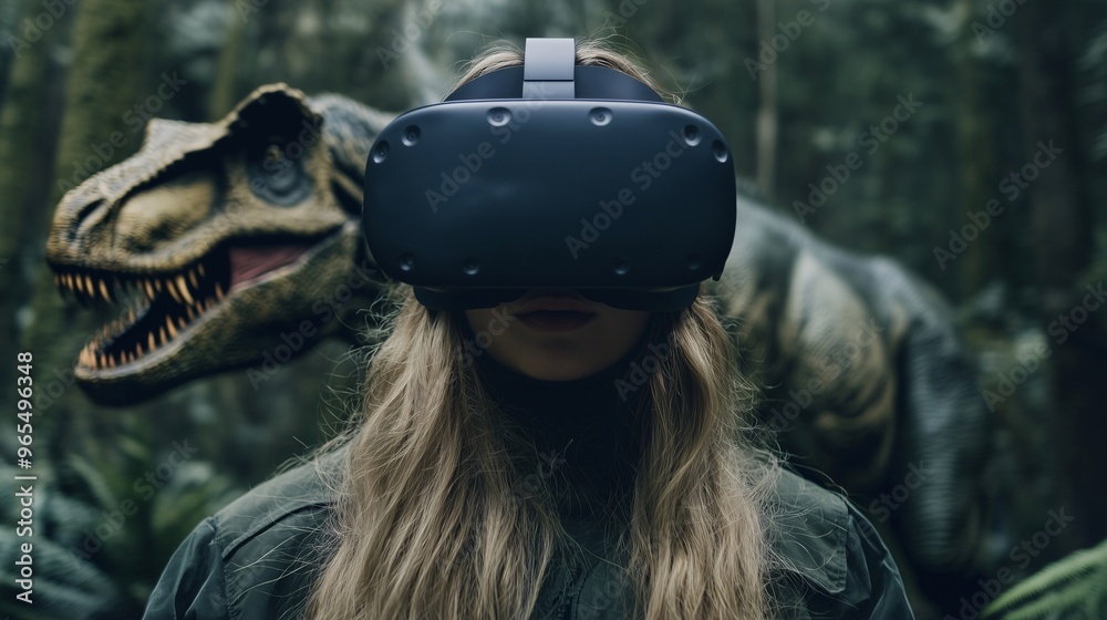 Woman wearing VR headset in jungle with dinosaur behind, immersive ...