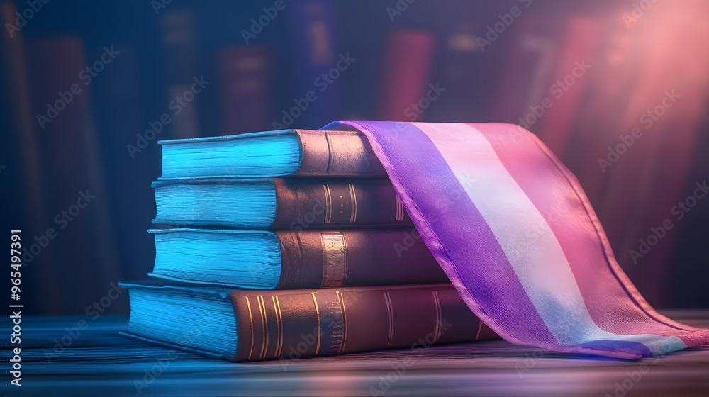 Transgender pride flag wrapped around legal books, realistic art style ...