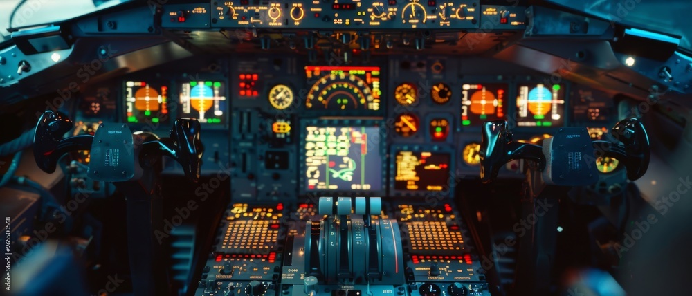 An illuminated cockpit with a multitude of glowing controls and ...