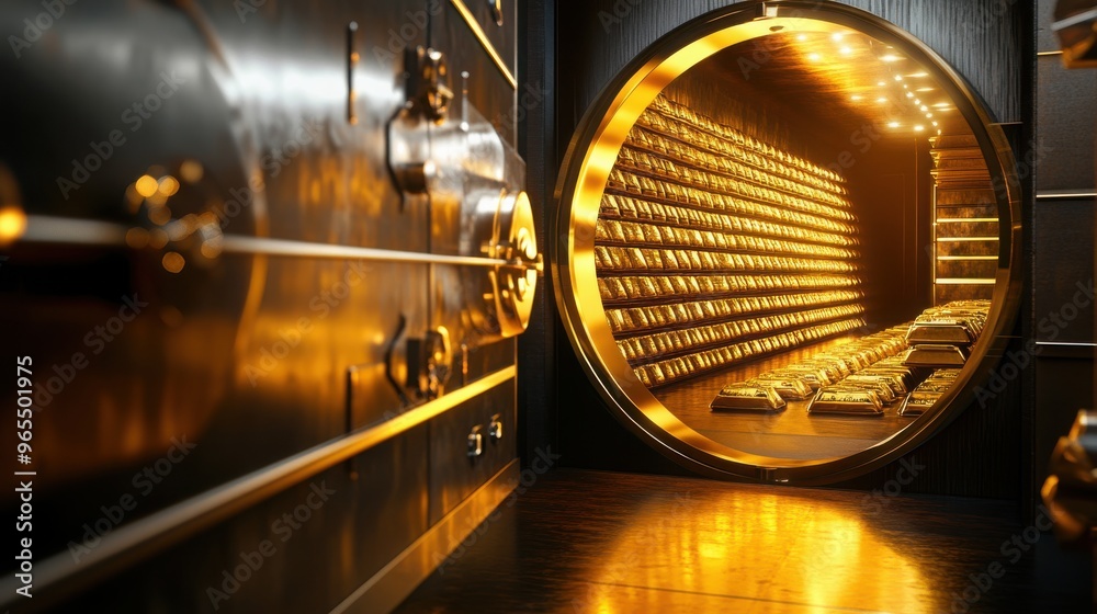 Central Bank Vault Unveiled, an imposing open vault door revealing gleaming gold bars stacked ...