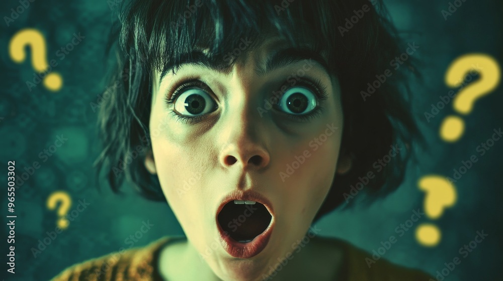 A shocked person with wide eyes and question marks, expressing ...
