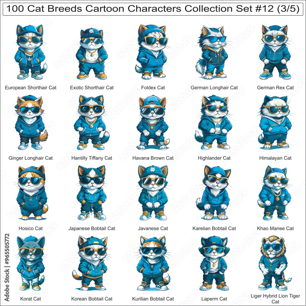 Cat Breeds Cartoon Characters Collection Set of 100 Cat Faces Isolated ...