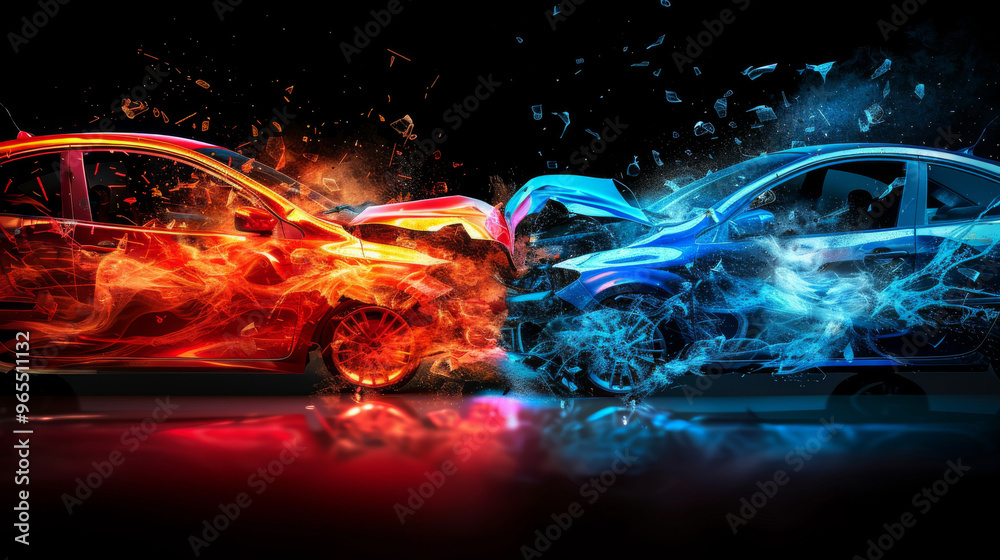 Car accident, head-on collision. Road safety concept. Blue and red cars ...