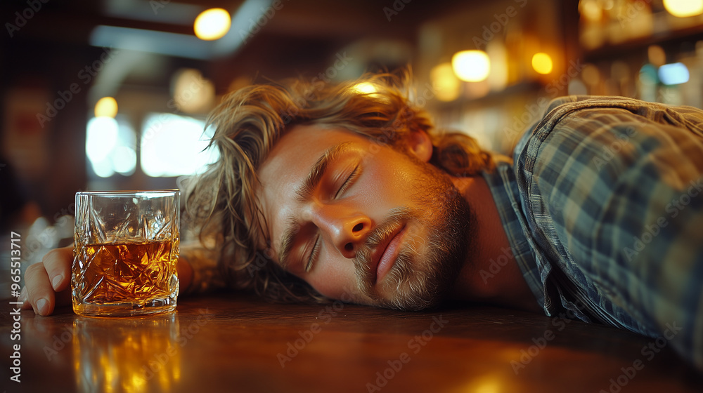 Drunk man passed out, sleeping in a pub with an alcoholic drink in ...
