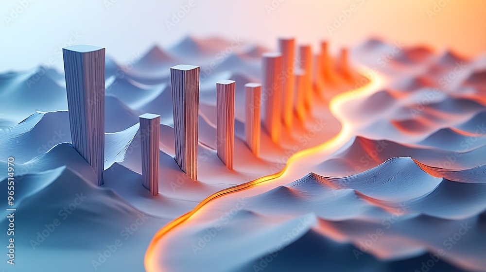 A 3D papercraft timeline, vertical paper columns slightly lifted from ...