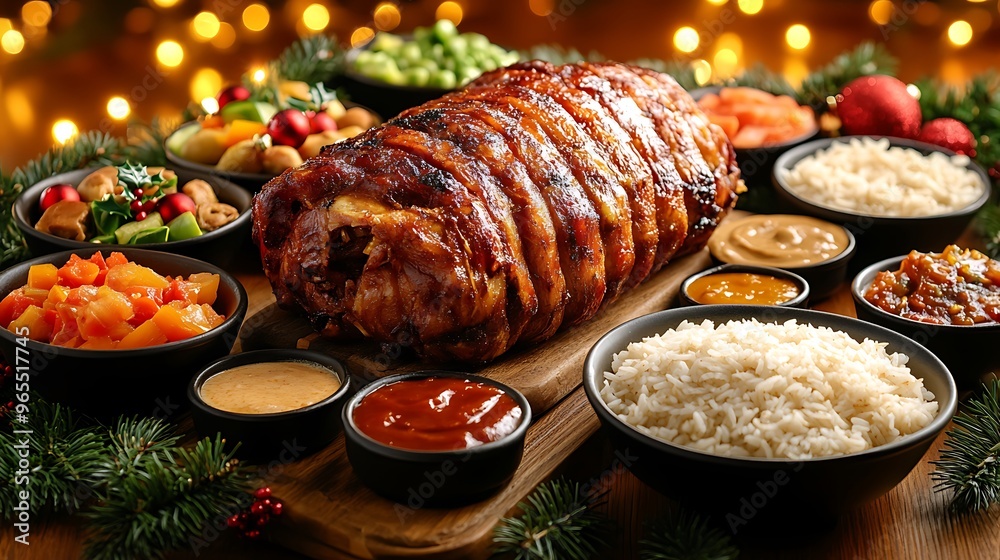 A grand Filipino Christmas feast featuring a whole roasted lechon as ...