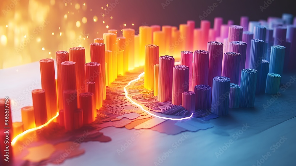 A colorful 3D papercraft timeline, horizontal paper columns of varying ...