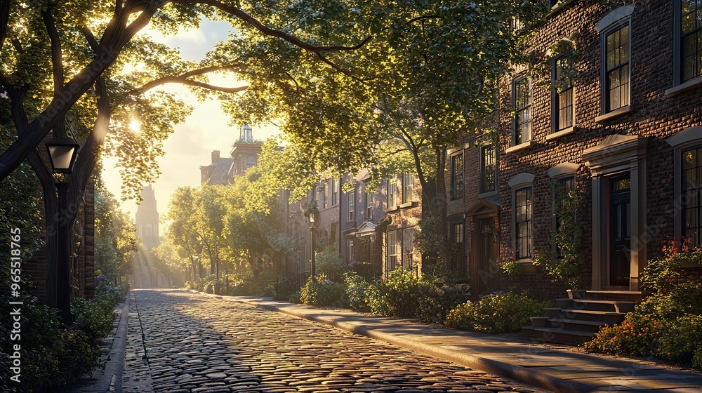 A photorealistic view of a historic district, with charming cobblestone streets, old-fashioned ...