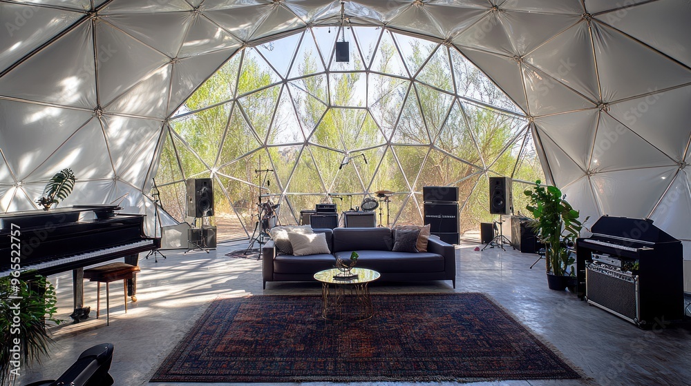 A modern music studio set up inside a geodesic dome with a piano, drum ...