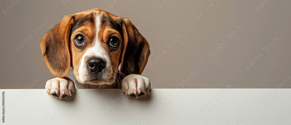 Beagle puppy dog peeking out from the edge of a blank billboard with ...