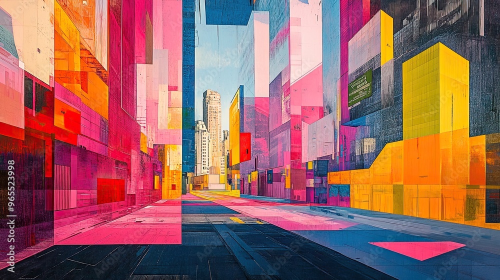 A photorealistic abstract cityscape, with geometric shapes, vibrant ...