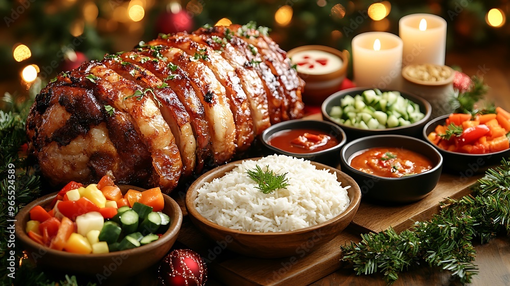 A traditional Filipino holiday table featuring a whole roasted lechon ...