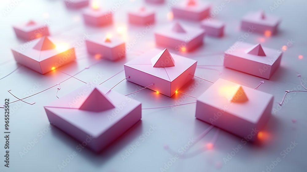 A modern 3D papercraft flowchart, pastel paper shapes (rectangles ...