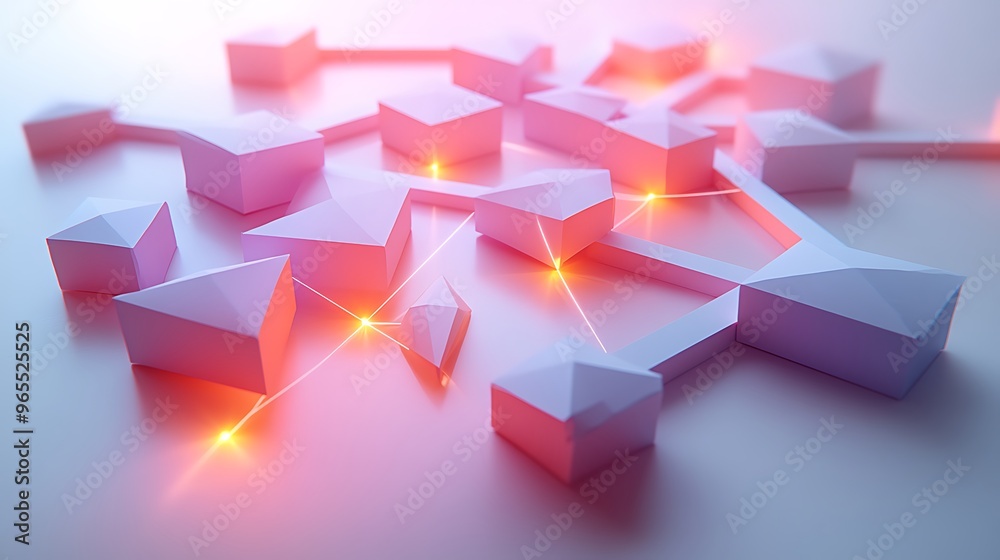 A modern 3D papercraft flowchart, pastel paper shapes (rectangles ...