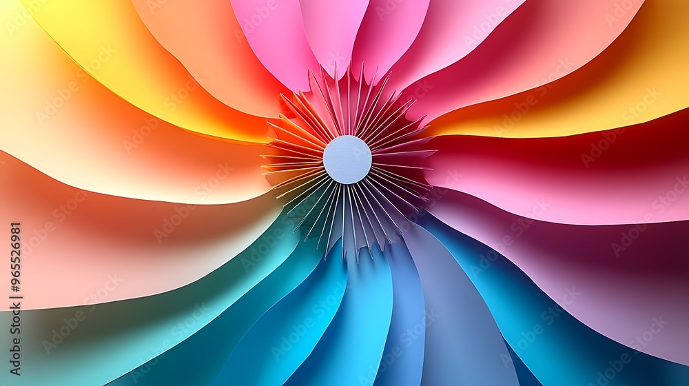 A modern 3D papercraft radar chart, radial strips of pastel paper ...