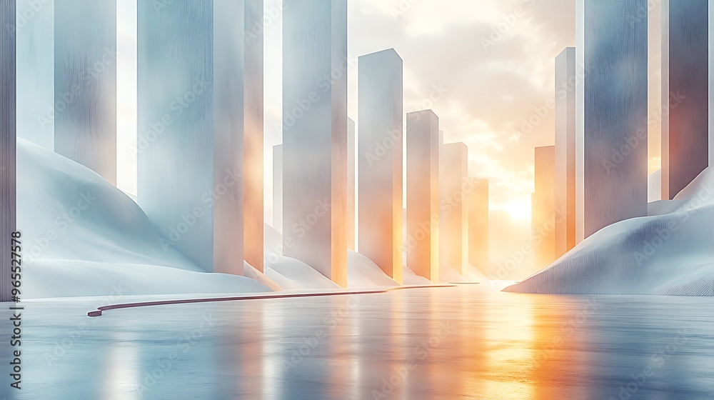 A modern 3D papercraft timeline, vertical paper columns of varying ...