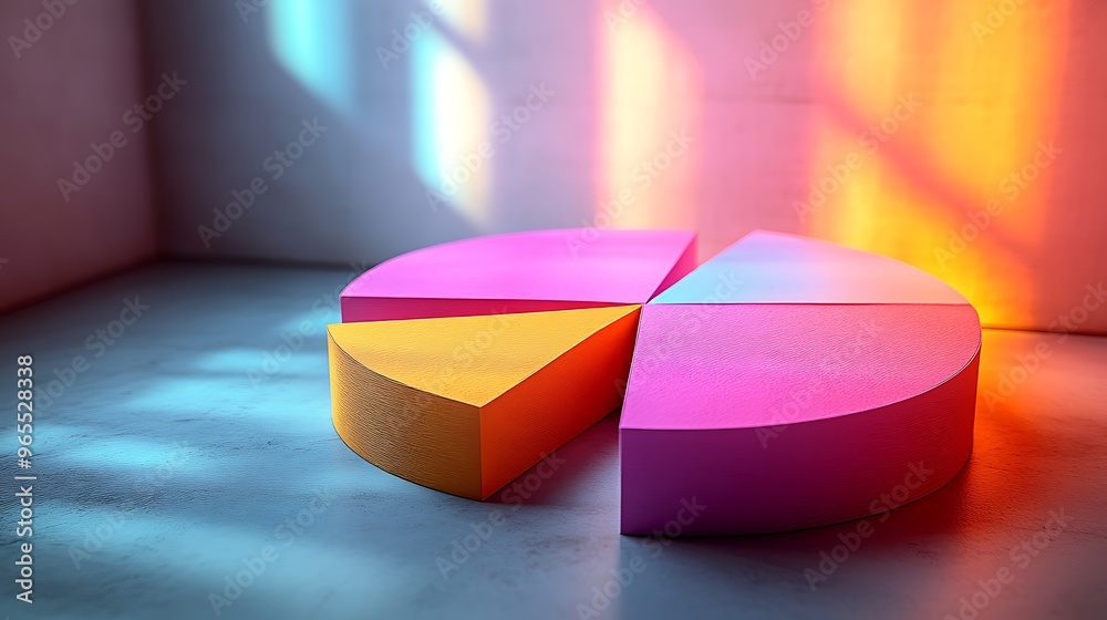 A segmented 3D papercraft pie chart, bright textured paper wedges ...