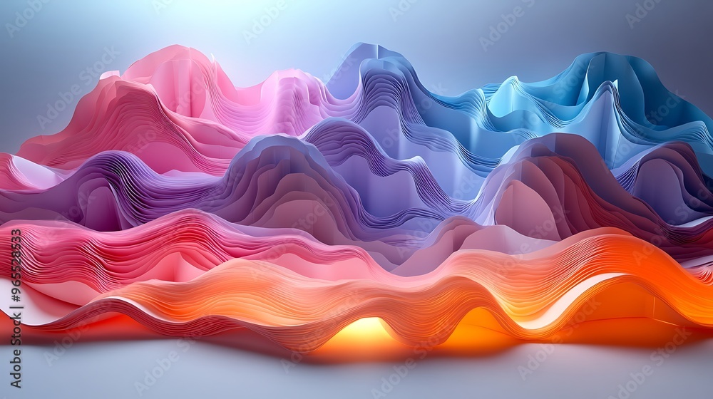 A sleek 3D papercraft area chart, vibrant layers of paper in soft ...