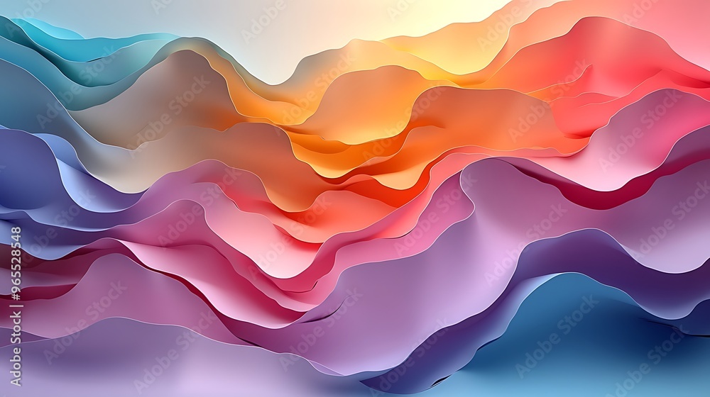 A sleek 3D papercraft area chart, vibrant layers of paper in soft ...