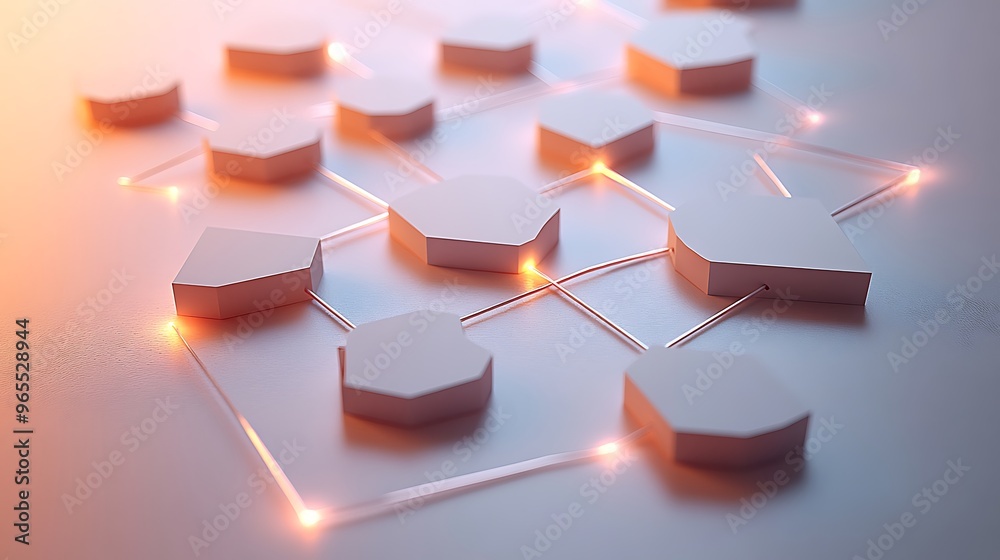 A sleek 3D papercraft flowchart, muted color paper shapes connected by ...