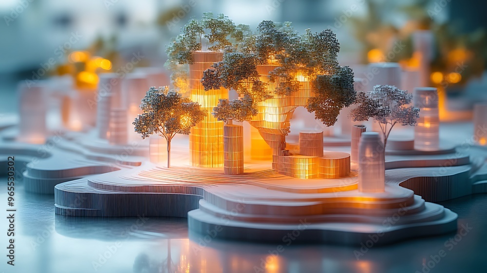 A sleek 3D papercraft tree map, muted color rectangles of different ...