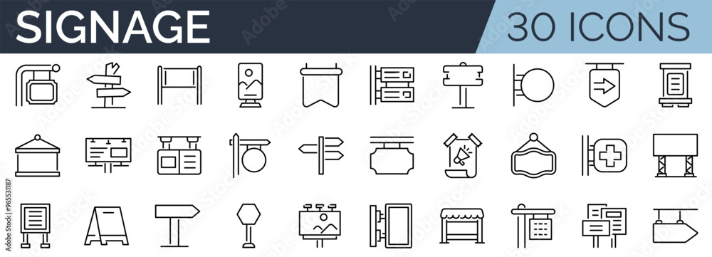 Set of 30 outline icons related to signage. Linear icon collection. Editable stroke. Vector ...