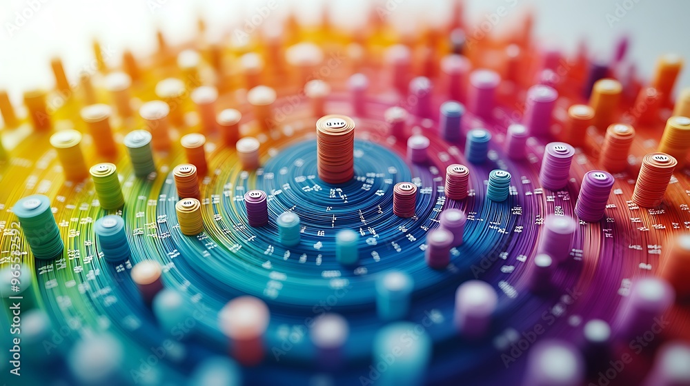 A vibrant 3D papercraft radar chart, colorful thin radial strips ...