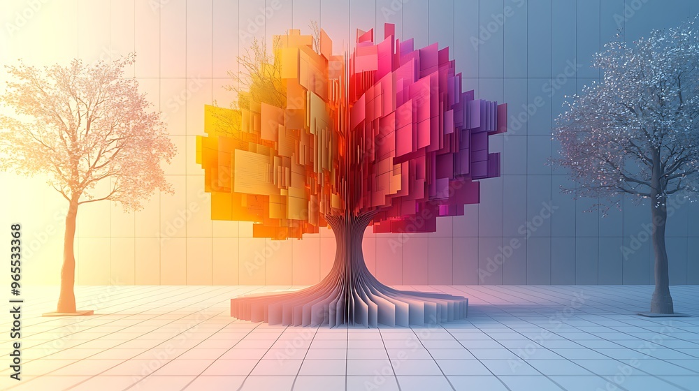 A vibrant 3D papercraft tree map, colorful layered paper rectangles ...